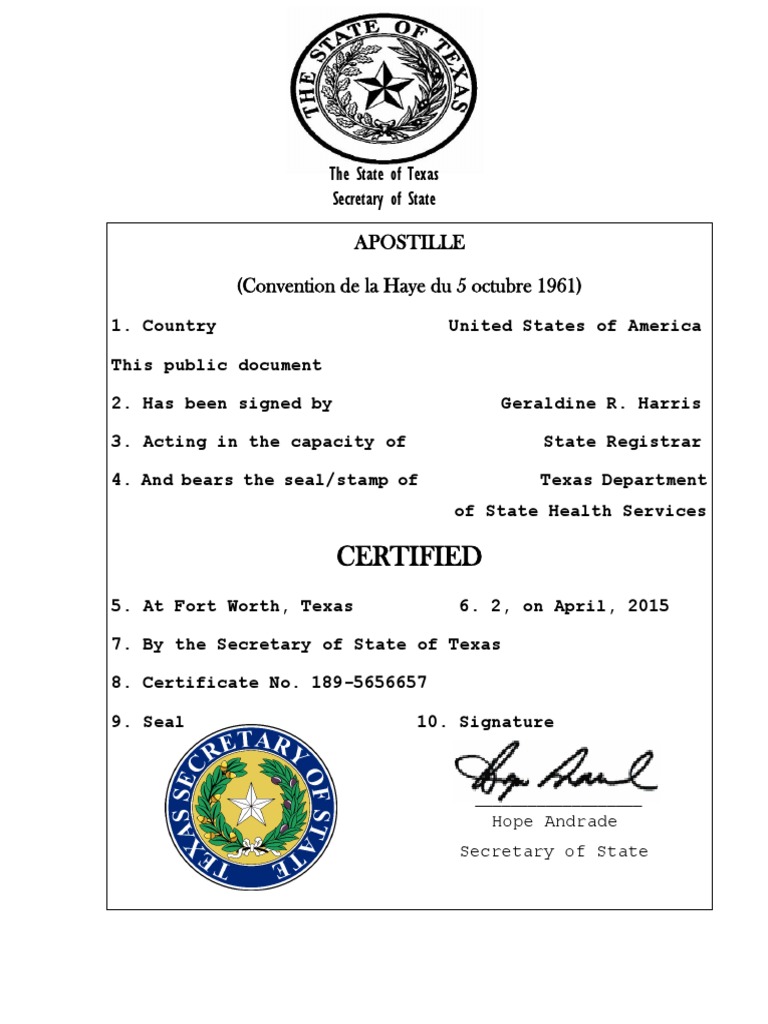 Texas Apostille Certificate 2015 | PDF