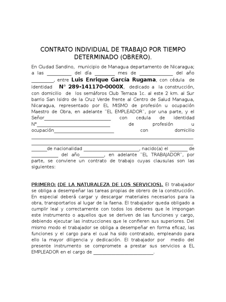 Contrato De Trabajo Por Tiempo Definido En Panama Ejemplo Salario ...