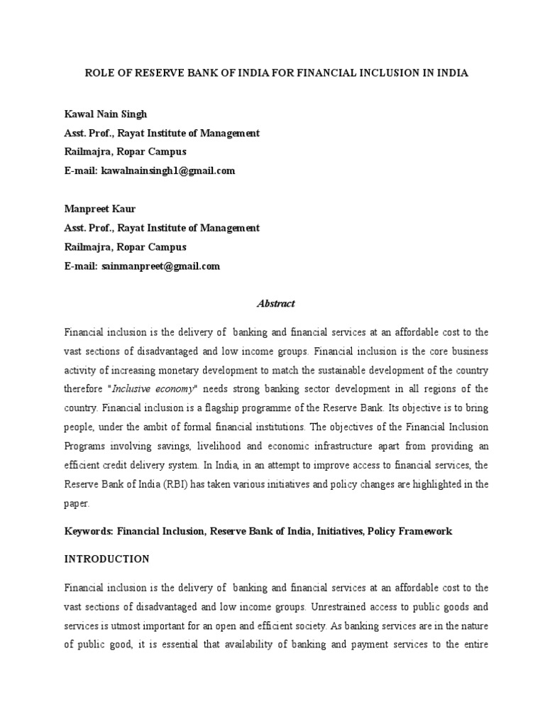 Role of RBI in Financial Inclusion | PDF | Financial Inclusion ...