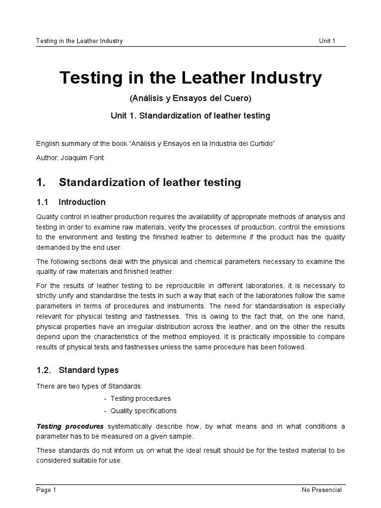 Standardization of Physical and Chemical Testing Parameters for the ...