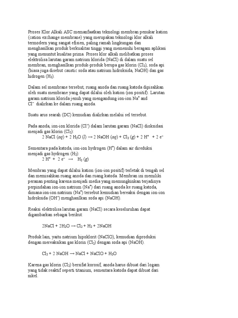 Proses Klor Alkali ASC Memanfaatkan Teknologi Membran Penukar Kation | PDF