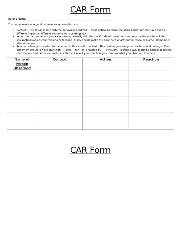 Behavioral Observation CAR Form Guide | PDF | Science & Mathematics