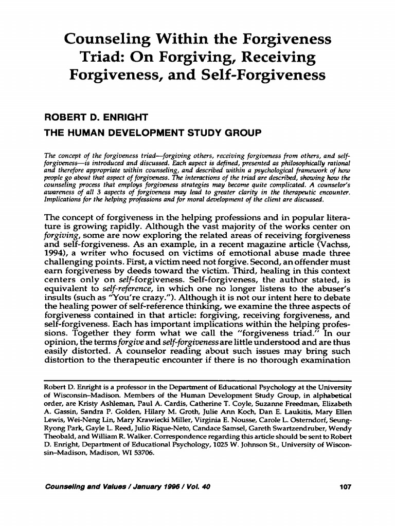 Enright 1996 Counseling Within The Forgiveness Triad PDF | PDF ...
