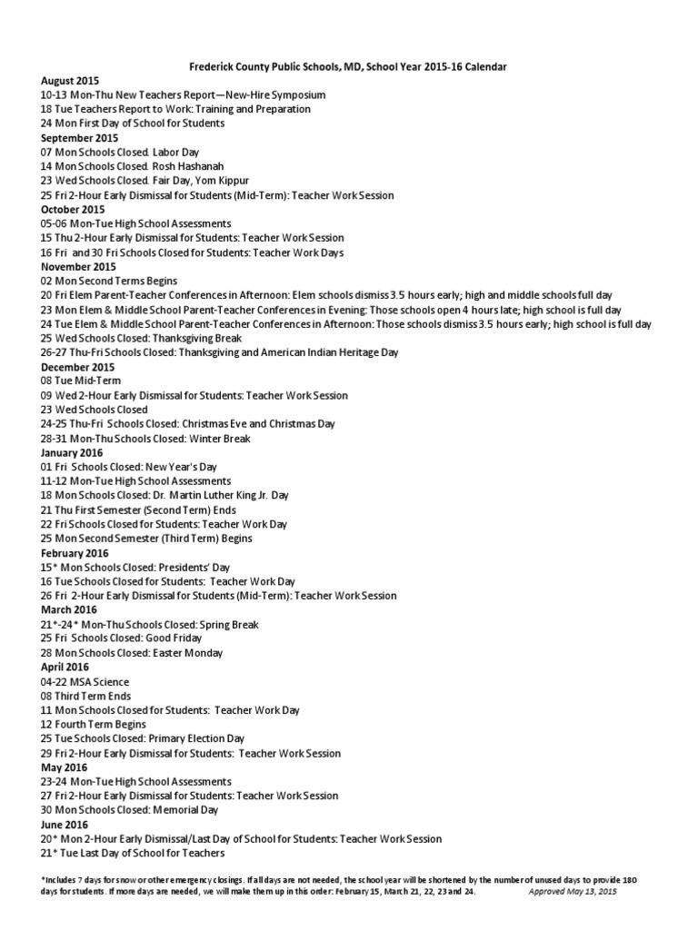 Frederick County Schools 2015-16 Calendar | PDF