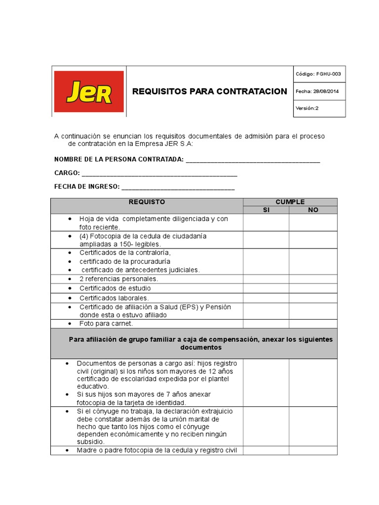 FGHU-003 Check List Requisitos Para Contratacion