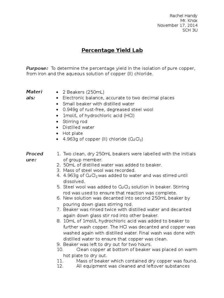 Determining The Percentage Yield Lab | PDF | Mole (Unit) | Hydrochloric ...