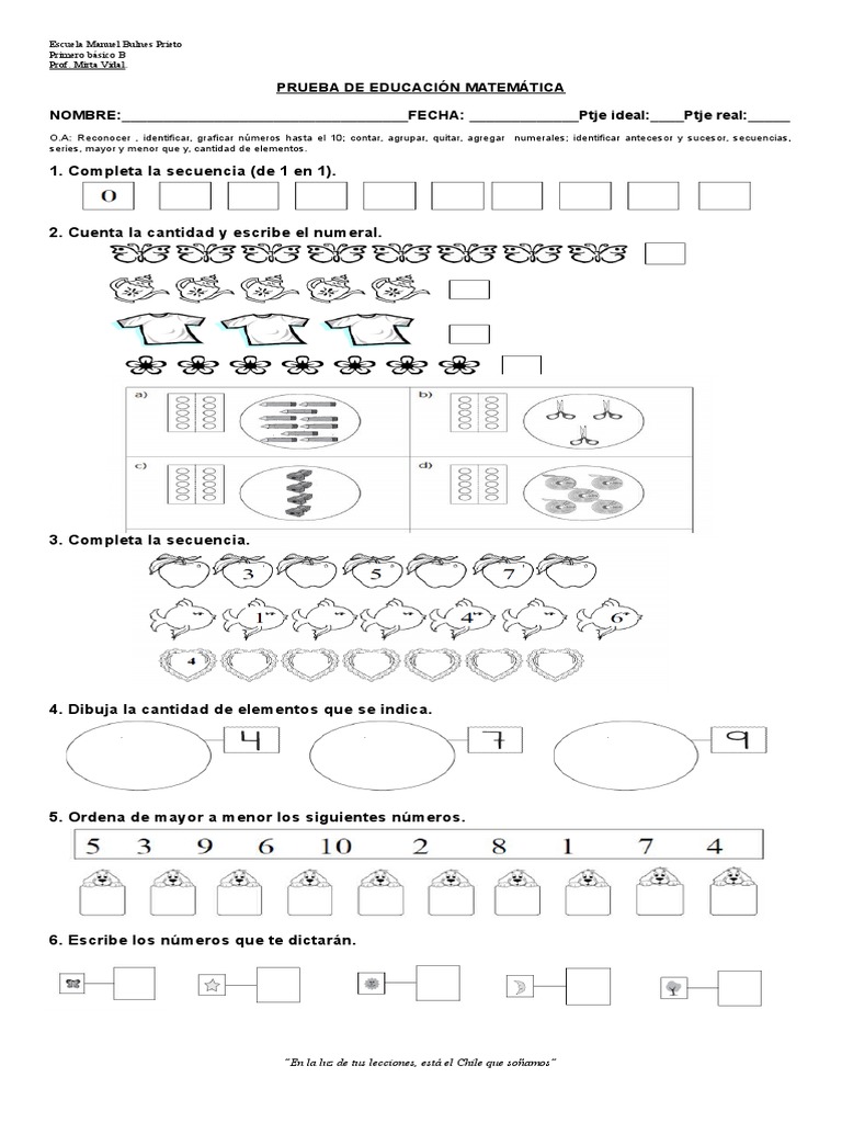 Prueba de Números del 1 al 10 | PDF