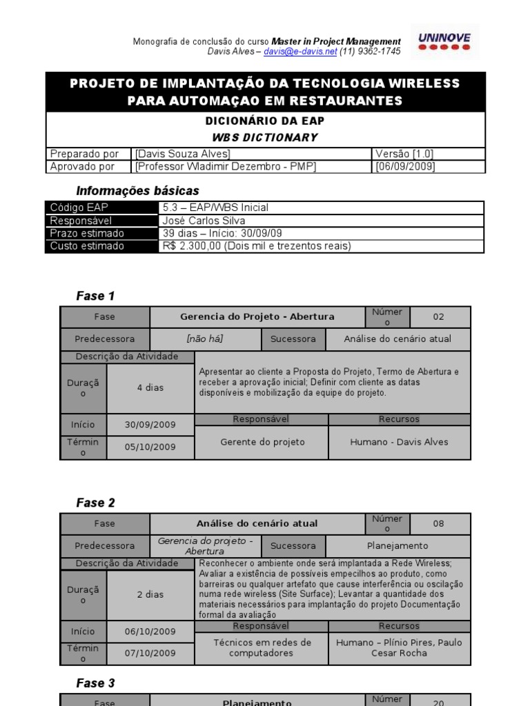 Dicionário Da EAP (WBS Dictionary) | PDF | Business | Informática