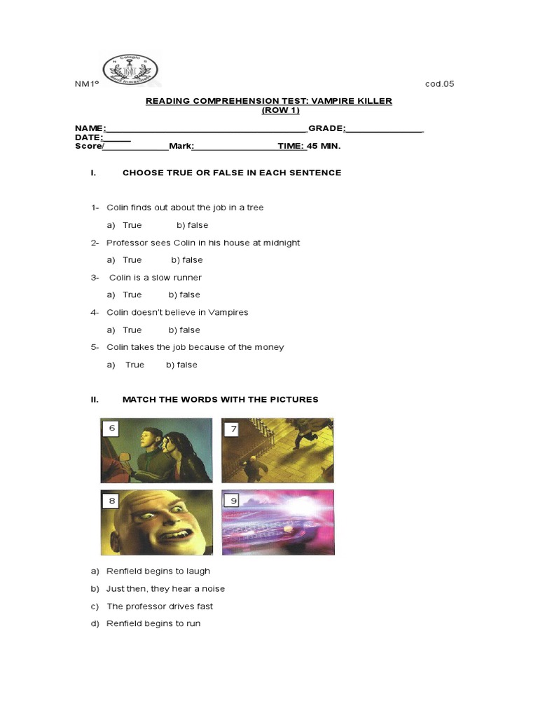 Reading Comprehension Test Vampire Killer Row 1 and 2 | PDF