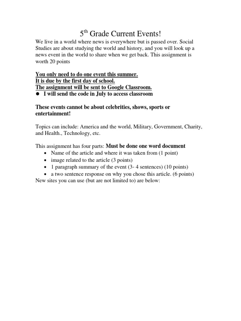 5th Grade Summer Current Events Assignment | PDF