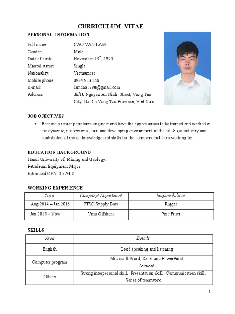 Curriculum Vitae: Time Company/ Department Responsibilities | PDF ...