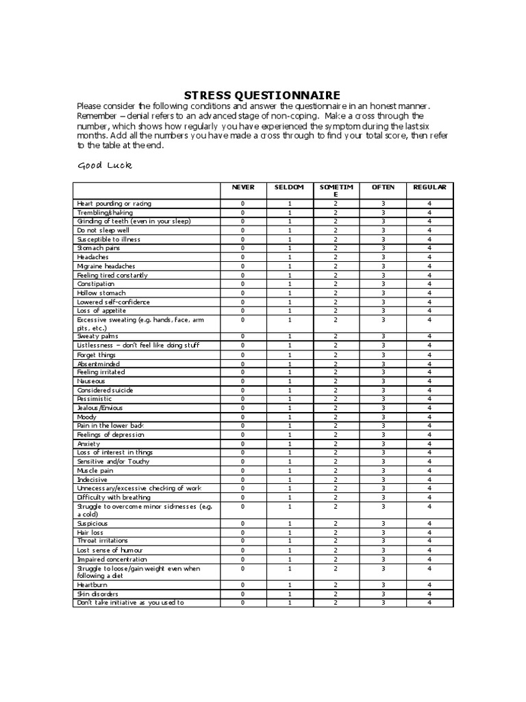 Stress Questionnaire: Good Luck | PDF | Coping (Psychology) | Stress ...