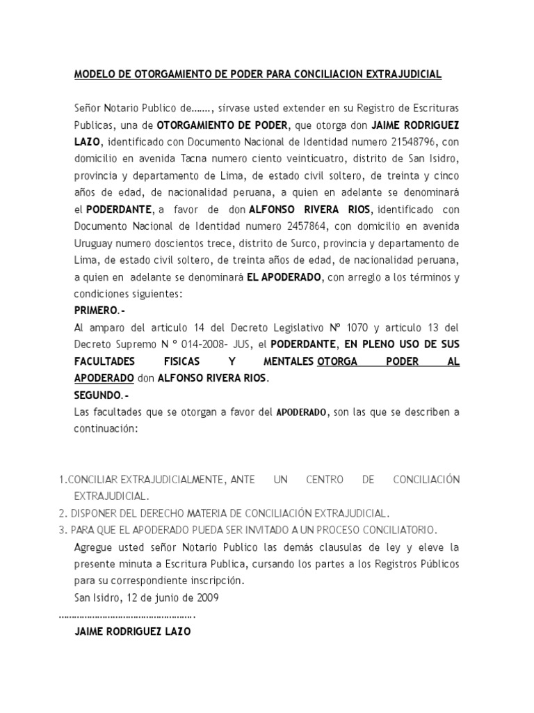 Modelo de Otorgamiento de Poder para Conciliacion Extrajudicial | PDF