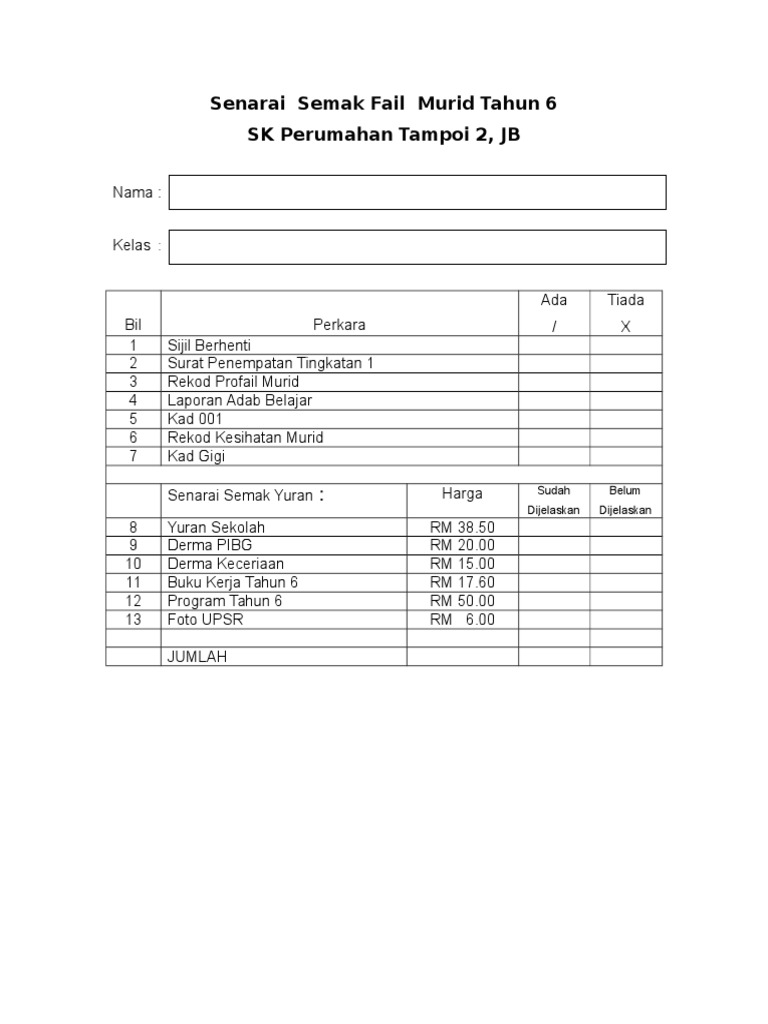 Senarai Semak Fail Murid Tahun 6 | PDF | Karier & Perkembangan