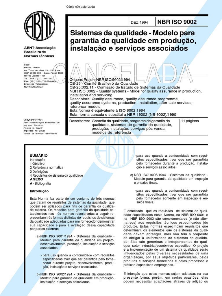 NBR-ISO 9002 - Sistemas Da Qualidade - Modelo para Garantia Da ...