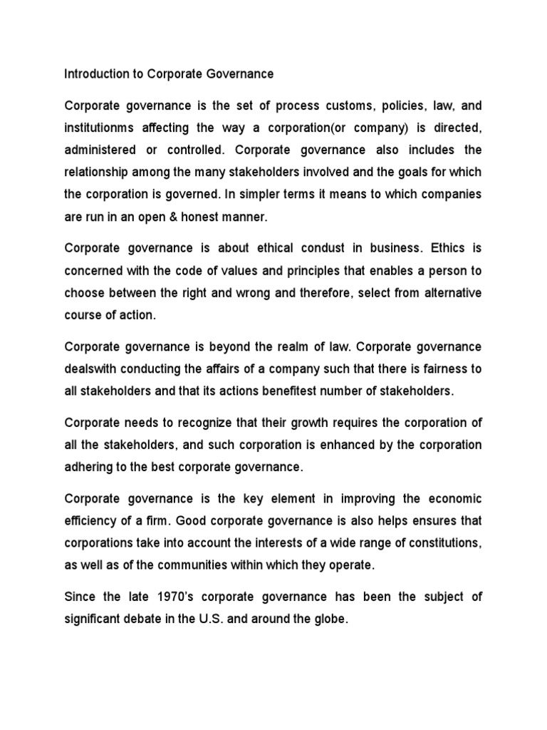 Introduction To Corporate Governance | PDF | Corporate Governance ...