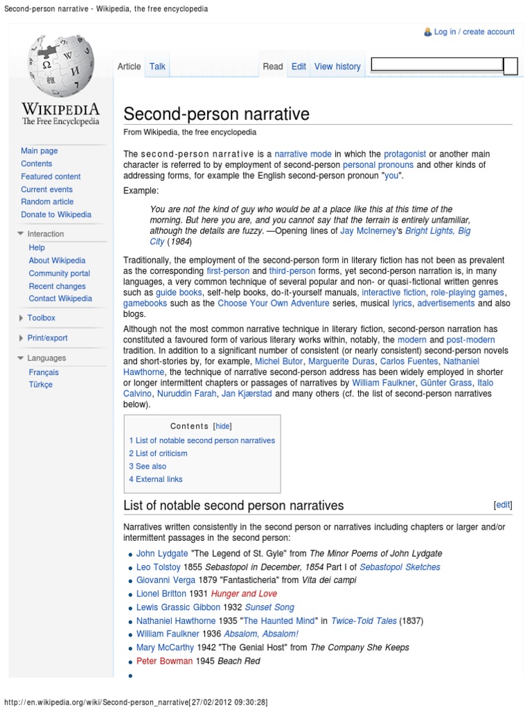 Second-person Narrative - Wikipedia, The Free Encyclopedia | Narration ...