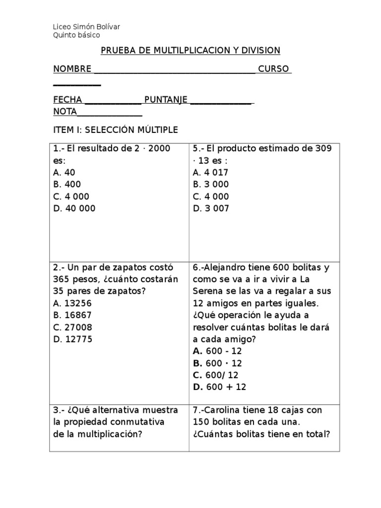 Prueba de Multilplicacion y Division | PDF | Métodos y materiales de ...