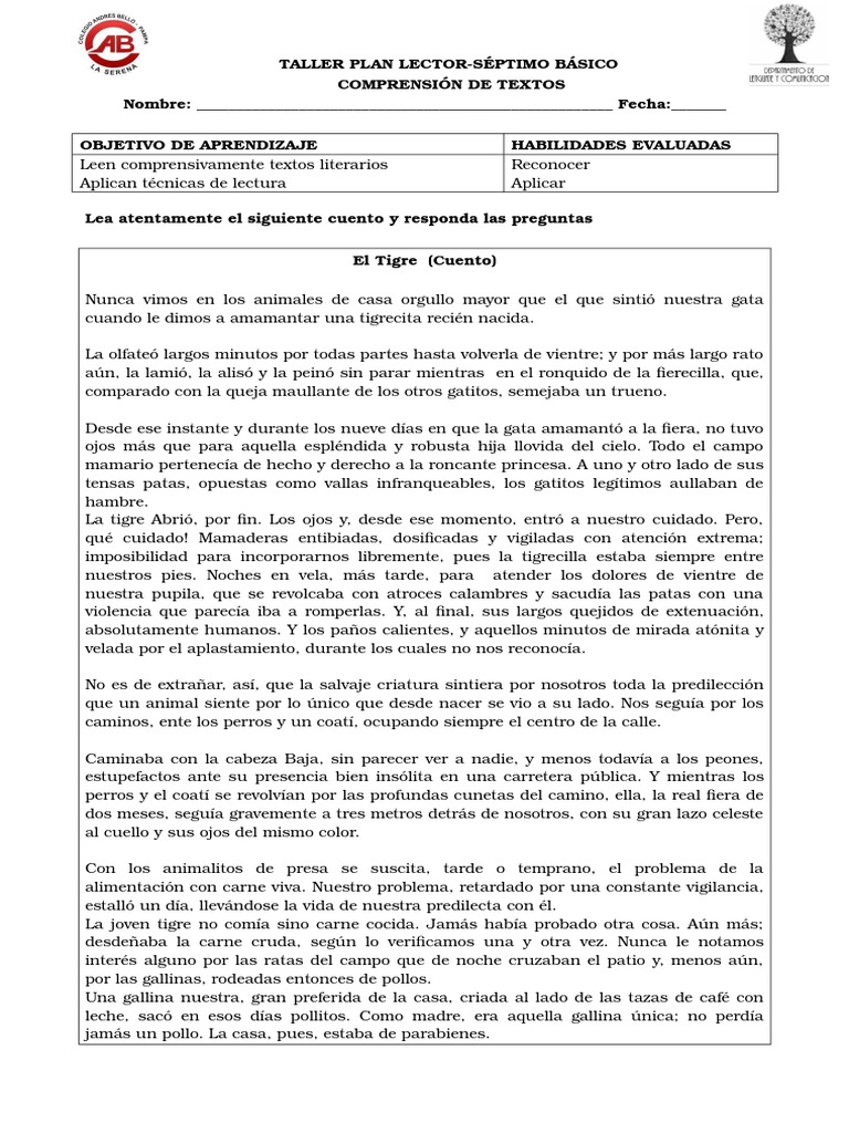 Taller de Comprensión: El Tigre de Quiroga | PDF | Pollo | Tigre