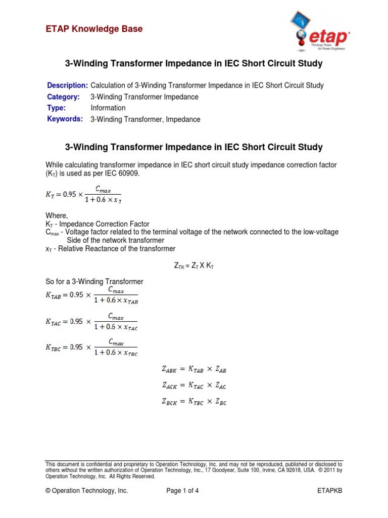 3 Winding Transformer Impedance Calculation in IEC Short Circuit Study ...