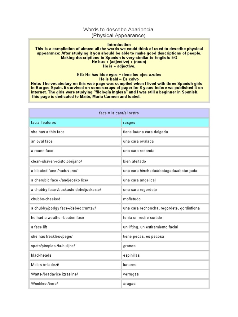 Describing Physical Appearance in Spanish | PDF | Nature