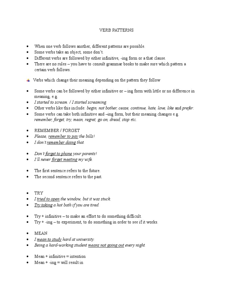 Verb Patterns | PDF | Verb | Sentence (Linguistics)