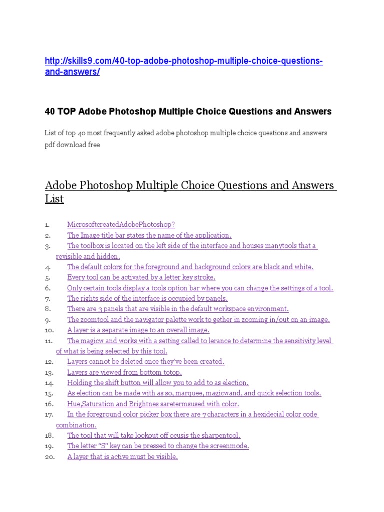 Top 40 Photoshop MCQs and Answers | PDF | Adobe Photoshop | Computer ...