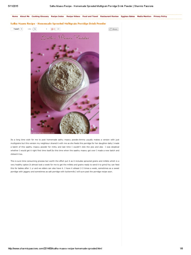 Sathu Maavu Recipe - Homemade Sprouted Multigrain Porridge Drink Powder ...