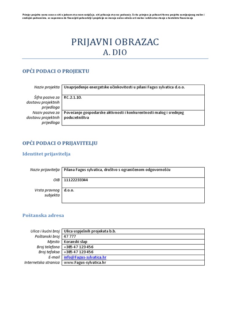 Prijavni Obrazac A Primjer - Pilana | PDF