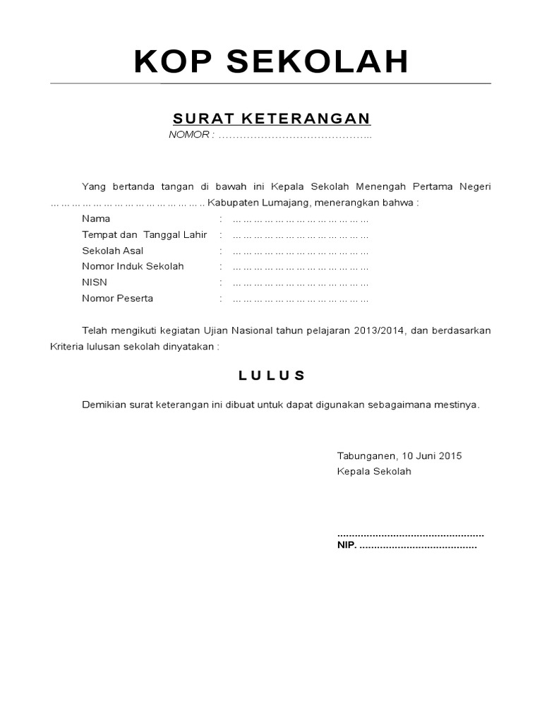Contoh Surat Keterangan Kelulusan SMP | PDF Contoh Surat Keterangan Kelulusan SMP | PDF