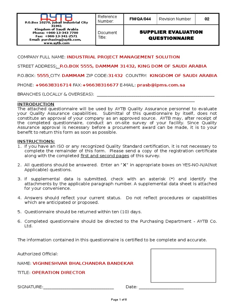 FM-QA-044 Rev 02 Supplier Evaluation Questionnaire | PDF | Quality ...
