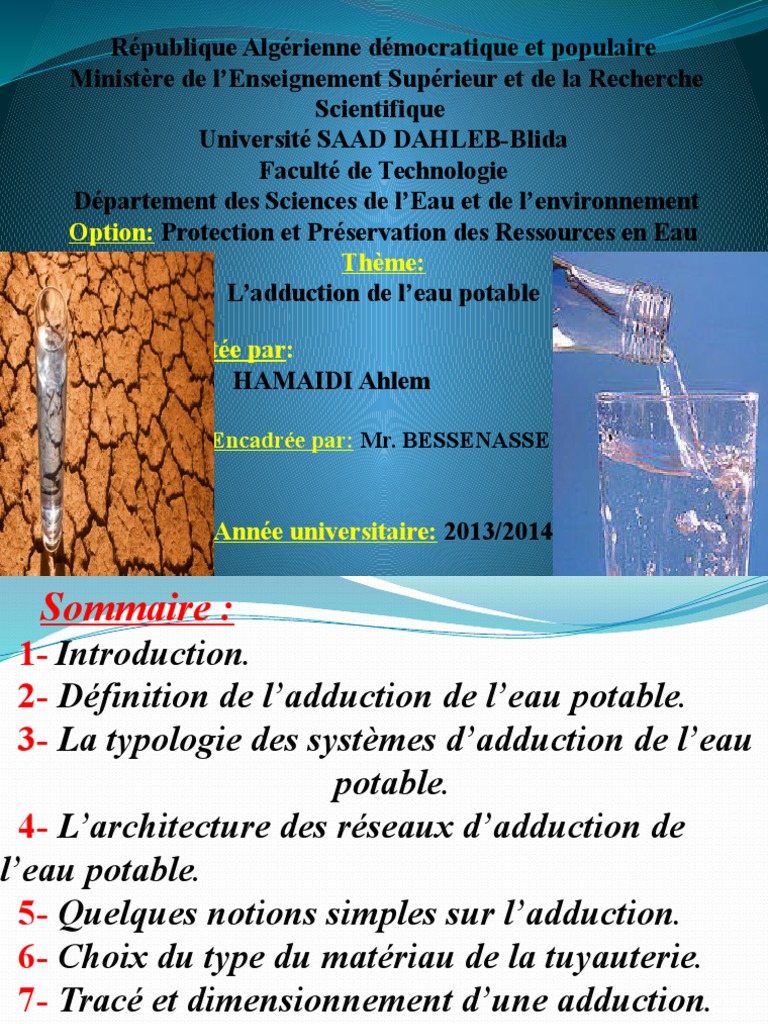 Exposée Sur L - Adduction D L - Eau Potable | PDF | Boire de l'eau | Eau