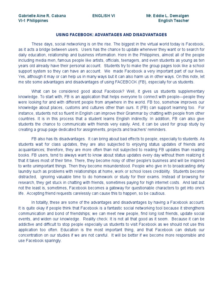 Using Facebook: Advantages and Disadvantages | PDF | Facebook | Social ...