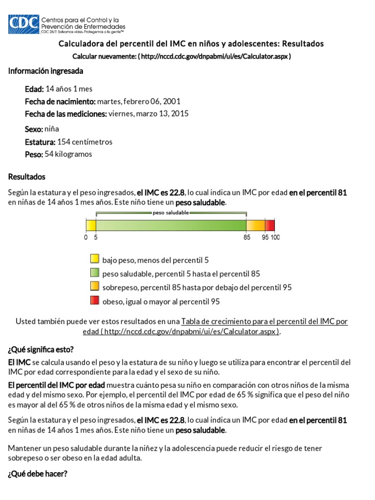 Índice de Masa Corporal o IMC - Calculadora Del Percentil en Niños y ...