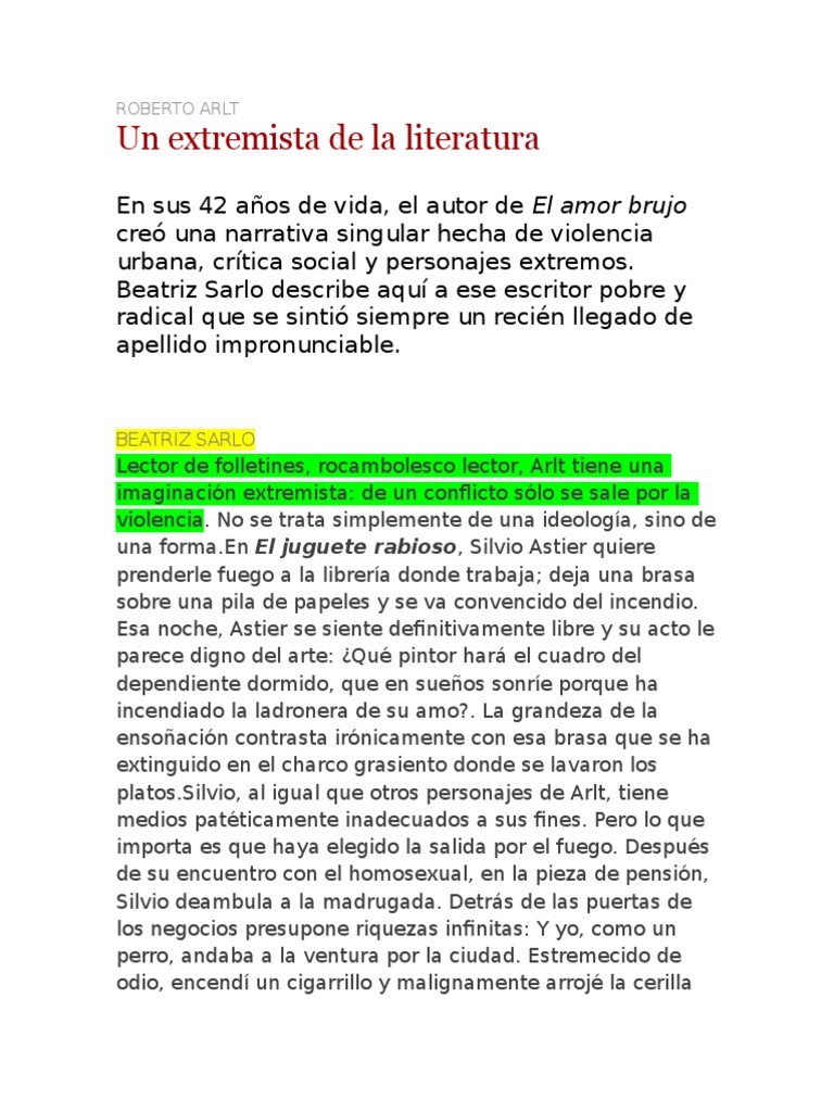 ROBERTO ARLT - Un Extremista de La Literatura - Beatriz Sarlo | PDF ...