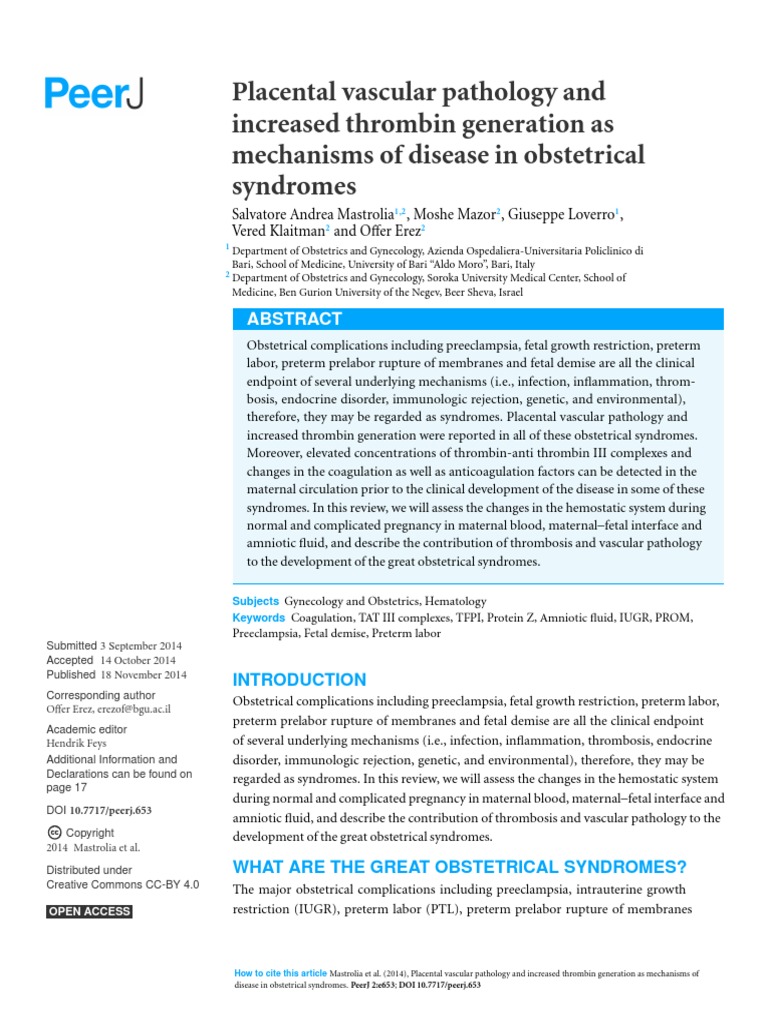 Placental Vascular Pathology and Increased Thrombin Generation As ...
