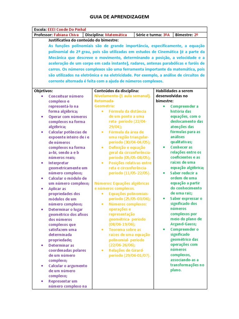 3 Ano A - Guia de Aprendizagem - 2º Bimestre | PDF | Número complexo ...