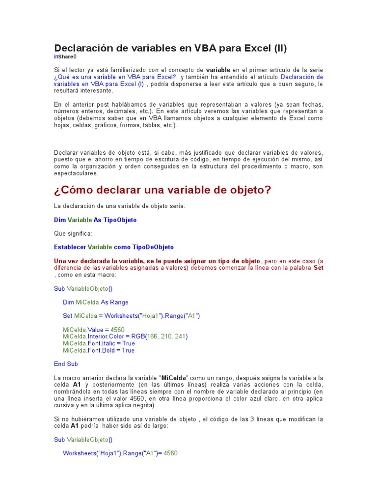 Declaración de Variables en VBA para Excel | PDF | Microsoft Excel ...