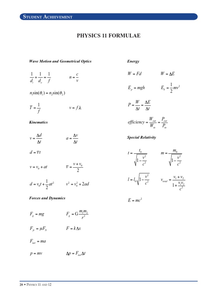 Physics 11 Formula Sheet 08 | PDF