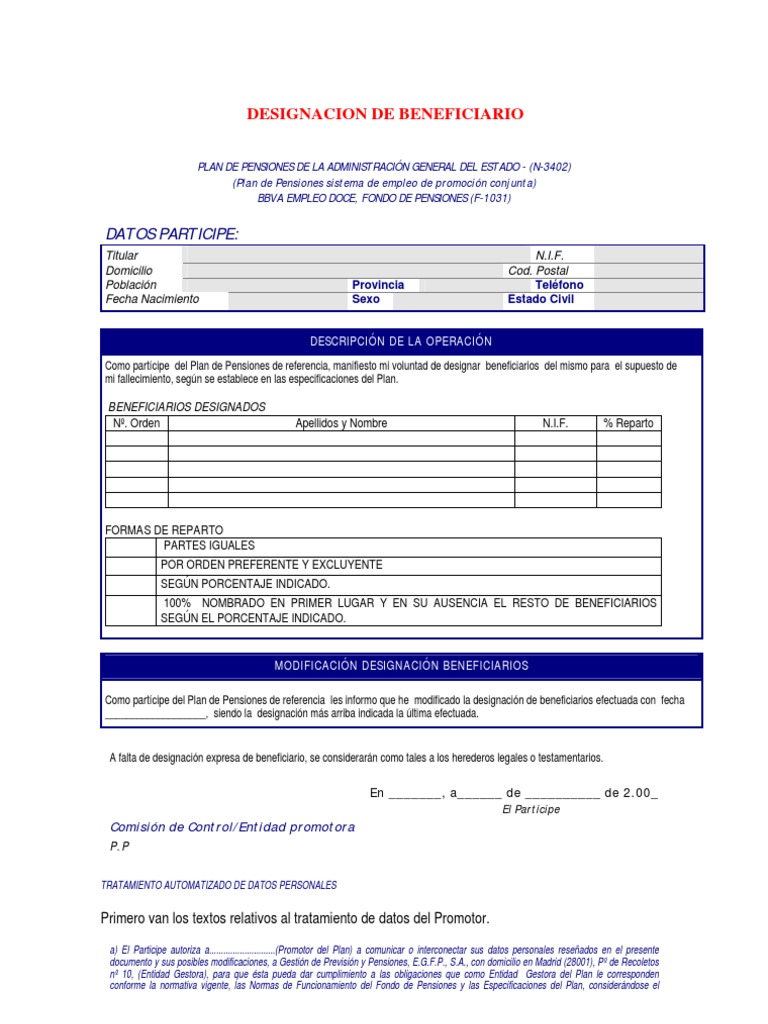 Impreso Designacion de Beneficiarios | PDF | Fondo de pensiones | Instituciones sociales
