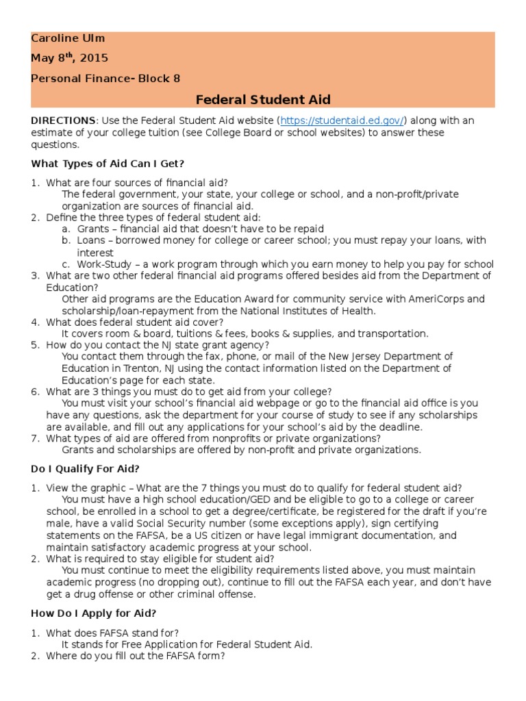 Federal Student Aid Webquest | PDF | Student Financial Aid In The ...