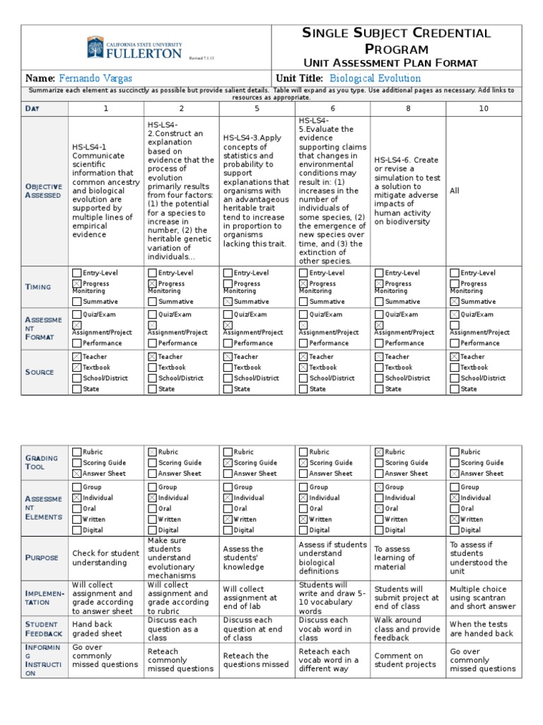 Unit Assessment Plan Template Rubric Academic Vocabulary Free