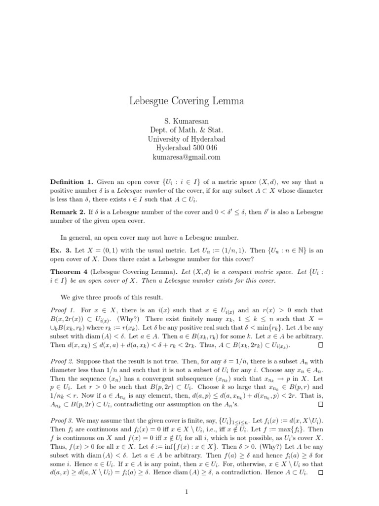 Lebesgue Covering Lemma | PDF | Continuous Function | Metric Space