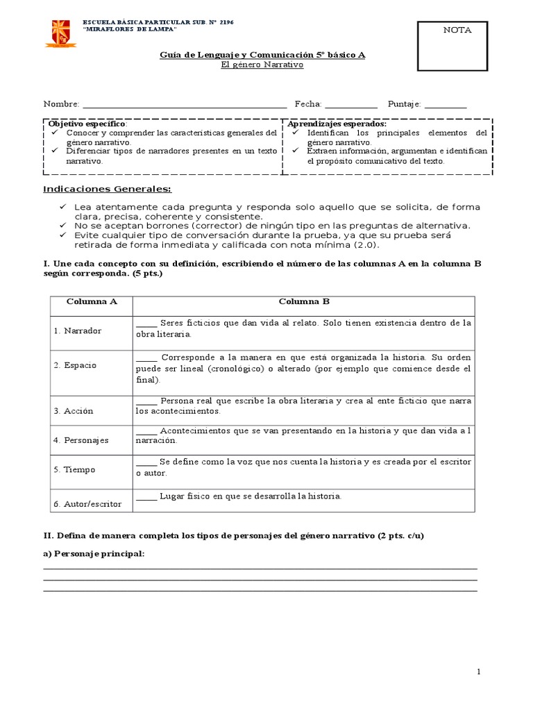 Prueba Genero Narrativo 5º Básico | PDF | Narración