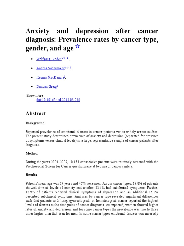 Anxiety and Depression After Cancer Diagnosis | PDF | Cancer | Major ...