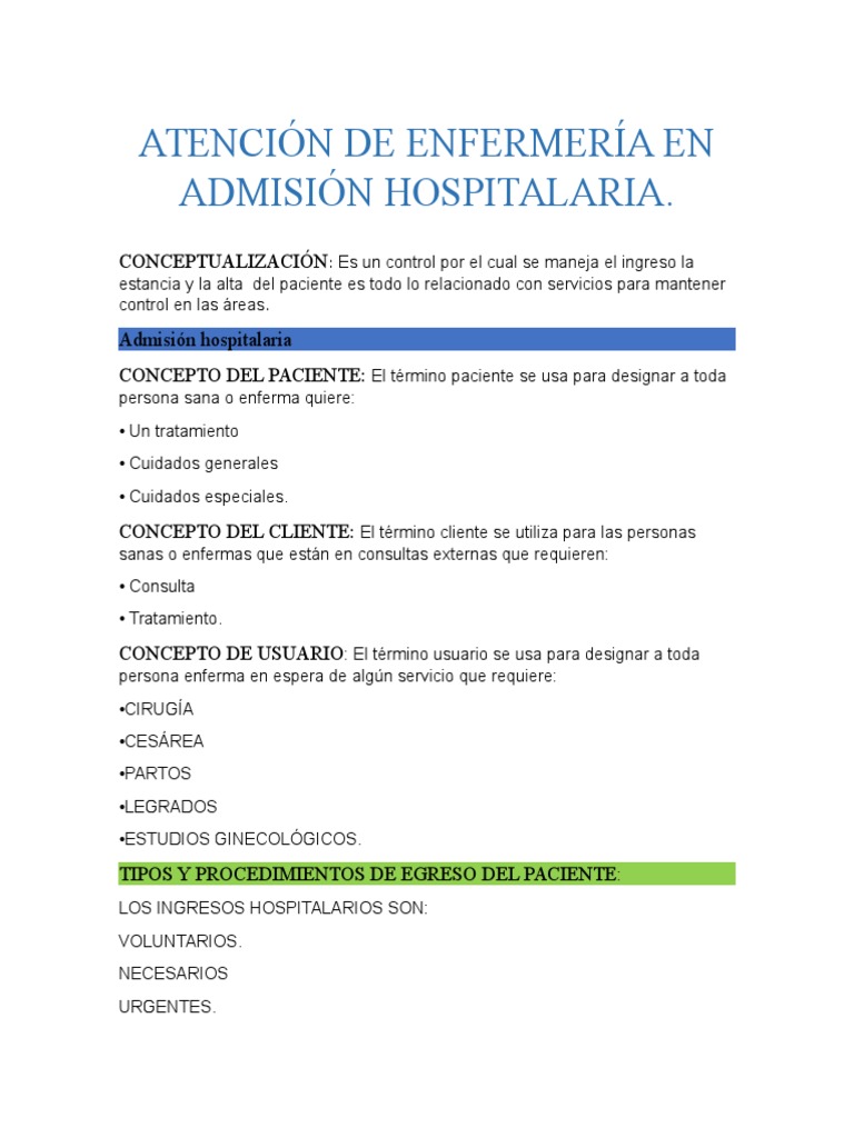 Proceso de Admisión en Enfermería Hospitalaria | PDF | Hospital ...