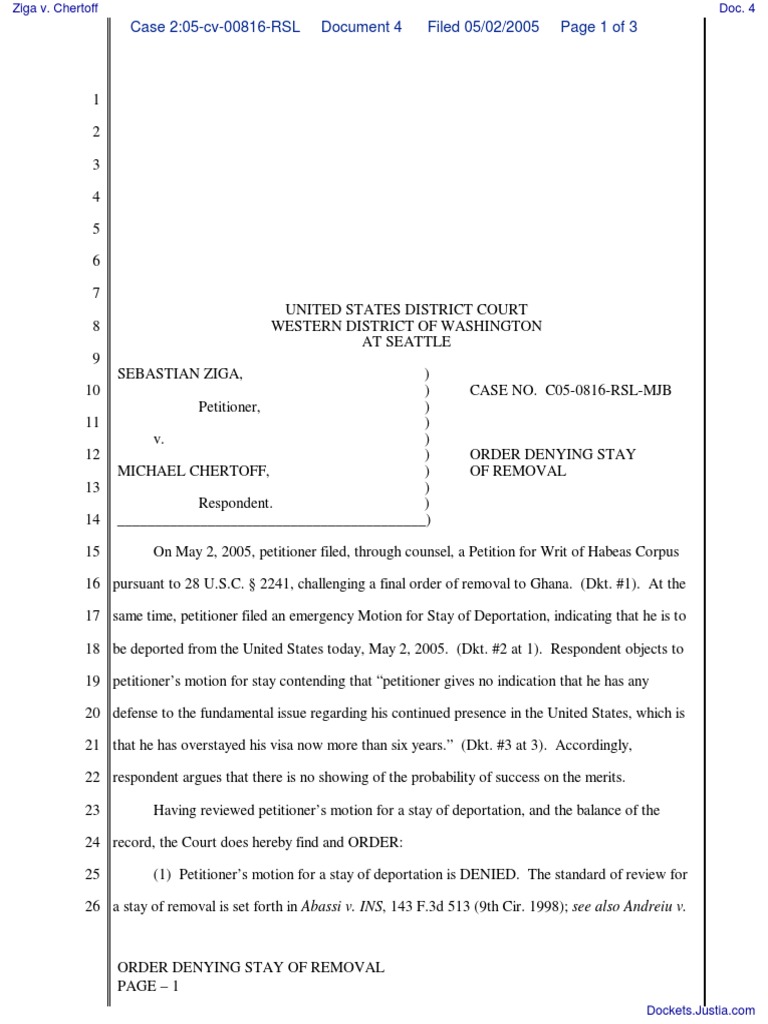 Order Denying Stay of Removal | PDF | Removal Proceedings | United ...