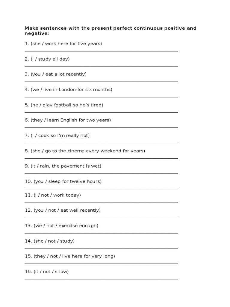 Make Sentences With The Present Perfect Continuous Positive and ...