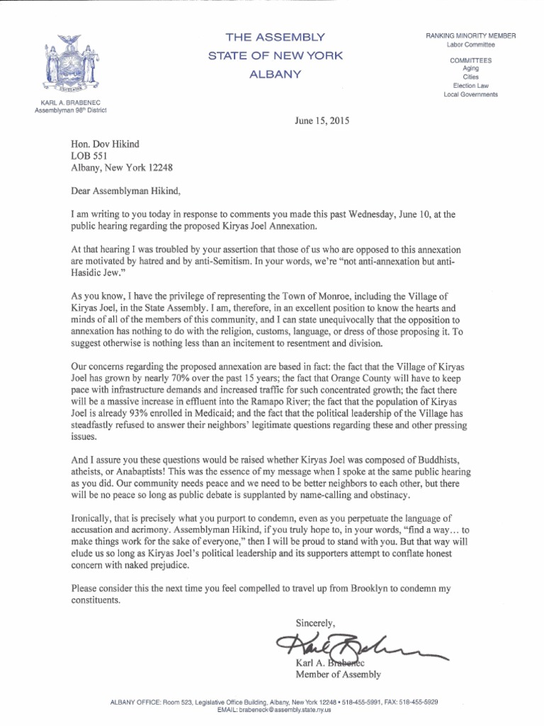 Brabenec Letter To Assemblyman Dov Hikind | PDF