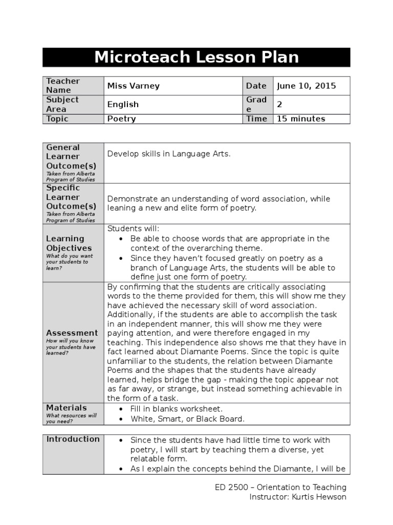 Microteach Lesson Plan - Carissa Varney | PDF | Lesson Plan ...